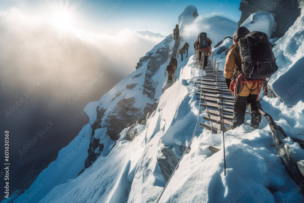 Climbers crossing a crevasse over a ladder. Everest Nepal hiking in ...
