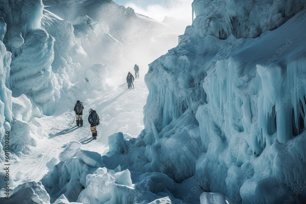 Climbers crossing a crevasse over a ladder. Everest Nepal hiking in ...