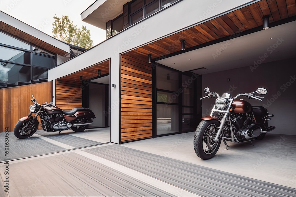 Modern garage doors with carport motorcycle parked in the driveway ...