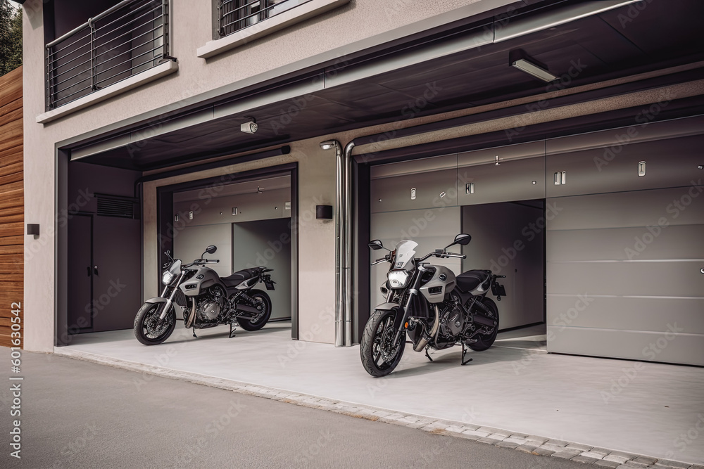 Modern garage doors with carport motorcycle parked in the driveway ...