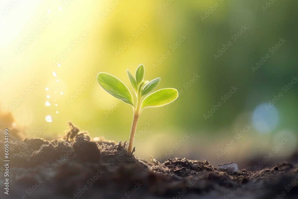 Growing plant with water droplet basking in sunlight. (Generative AI ...