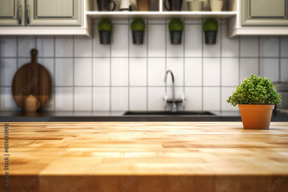 Minimalist kitchen workspace with empty wooden table top and natural ...