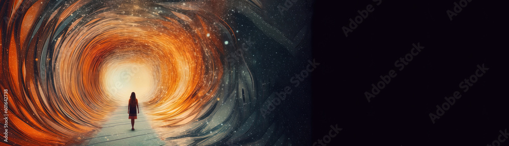 Person in a vortex, tunnel to a new life or heaven. Concept of soul ...