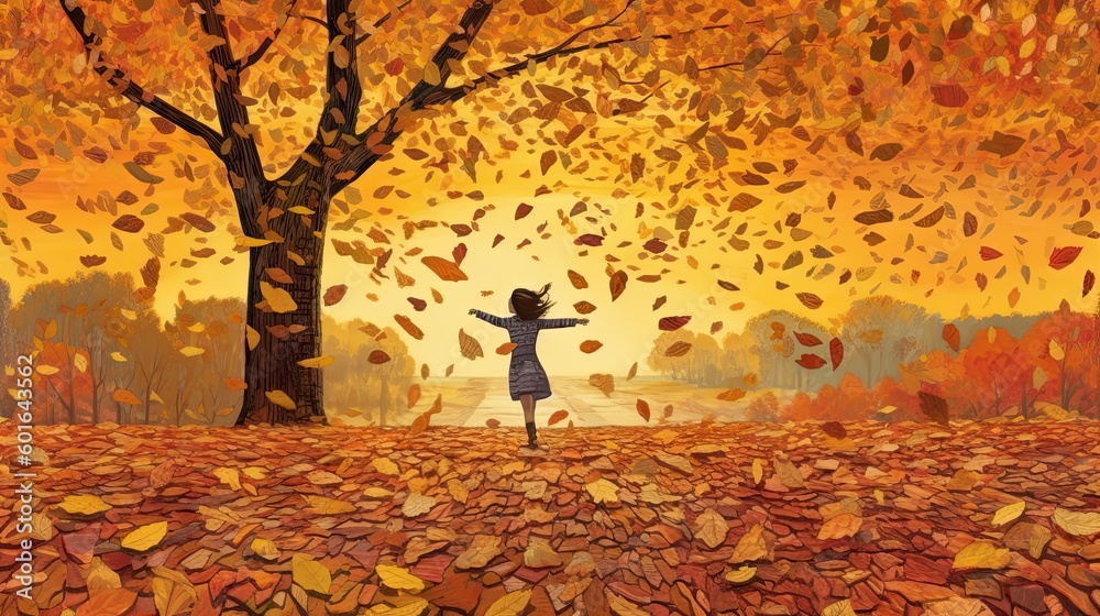 A happy little girl is dancing under a tree in autumn, leaves are ...