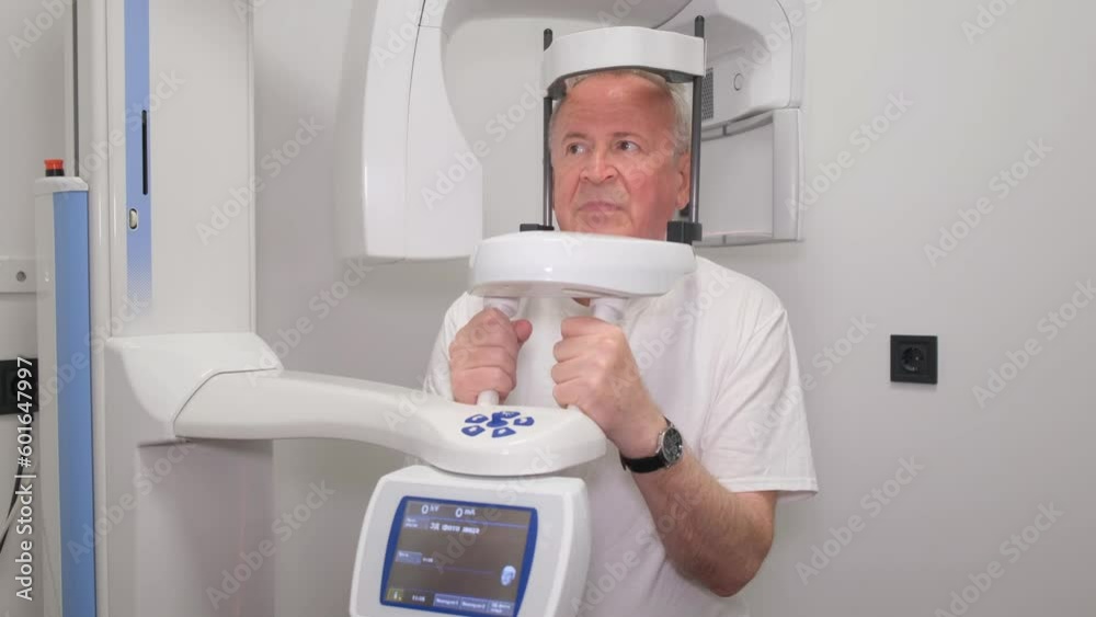Dental x-ray machine with cephalometric unit, Elderly man taking a ...