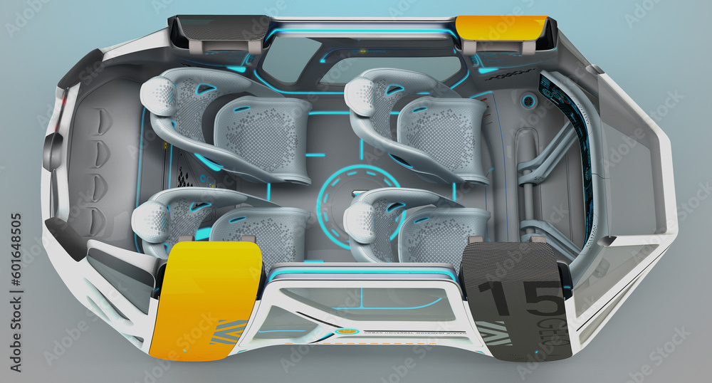 3D illustration of the cabin interior of an autonomous electric car ...