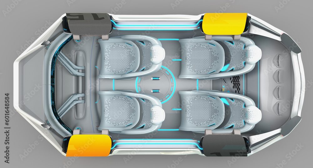 3D illustration of the cabin interior of an autonomous electric car ...