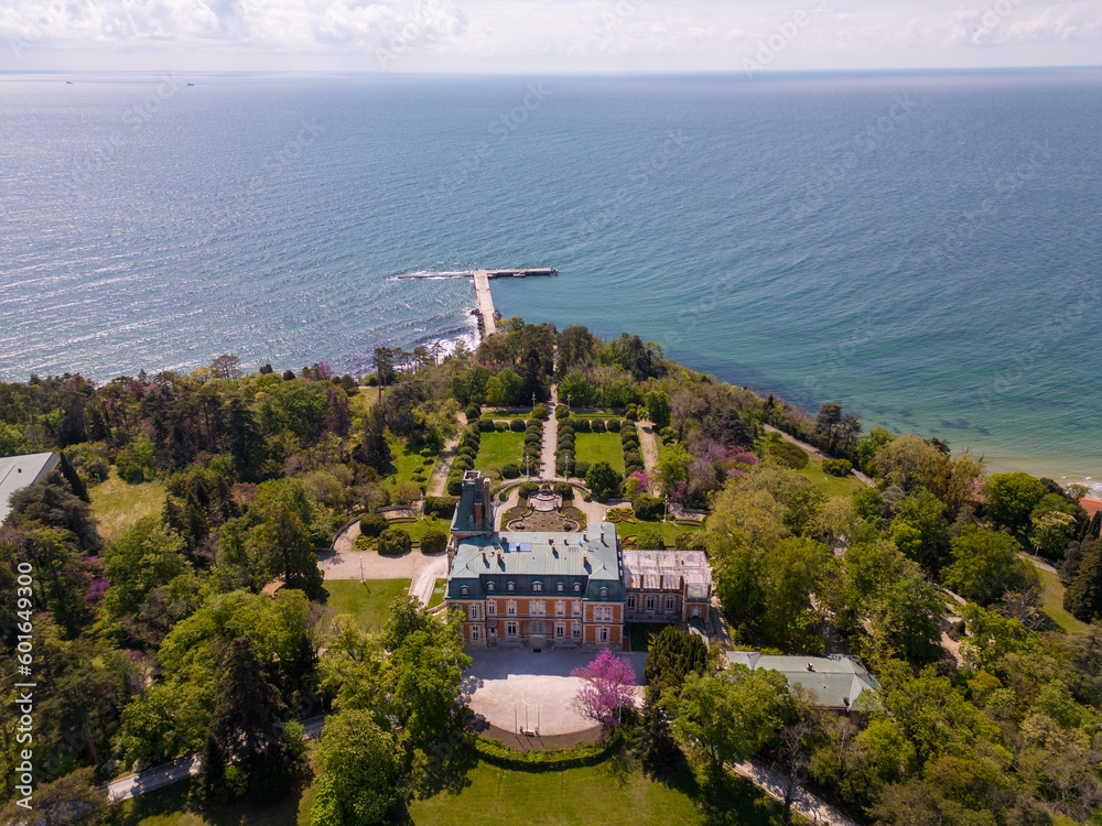 Aerial view of the historic Euxinograd palace in Varna, Bulgaria ...