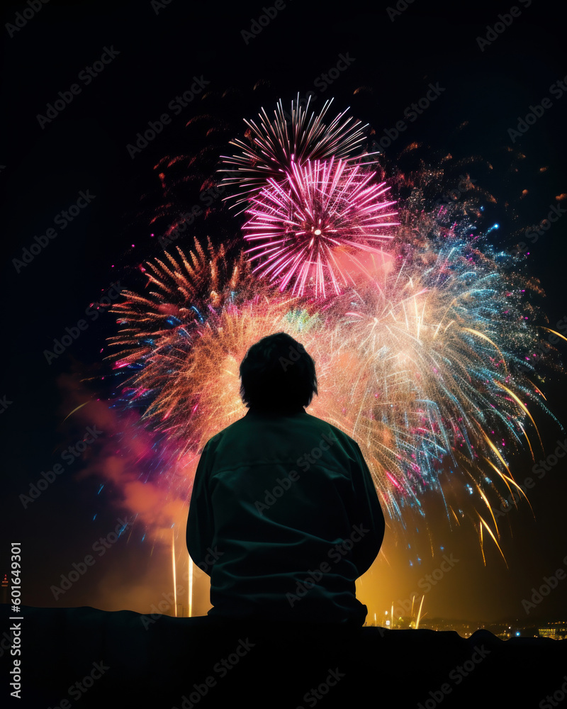A man's silhouette is captured against a vibrant firework display in ...