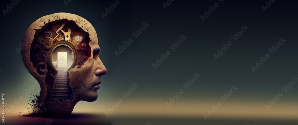 Man with keyhole in the brain, open door to the secret mind, light ...