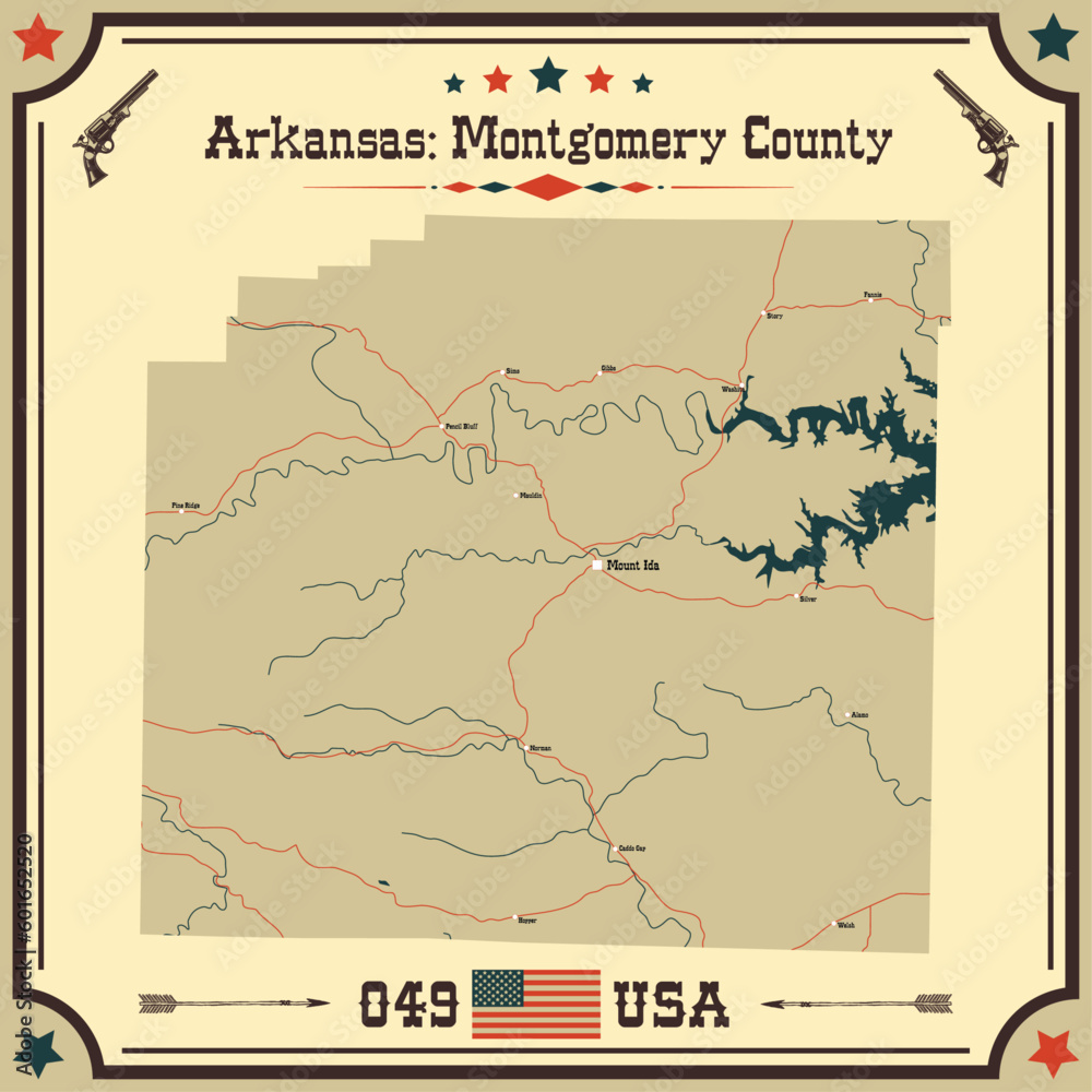 Large and accurate map of Montgomery County, Arkansas, USA with vintage ...