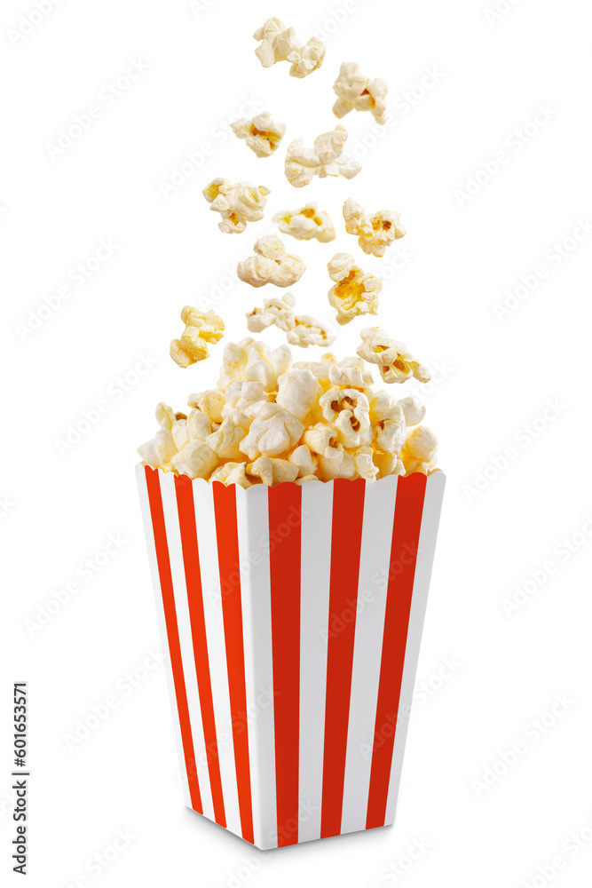 Popcorn flying out of red white striped paper box isolated on white ...