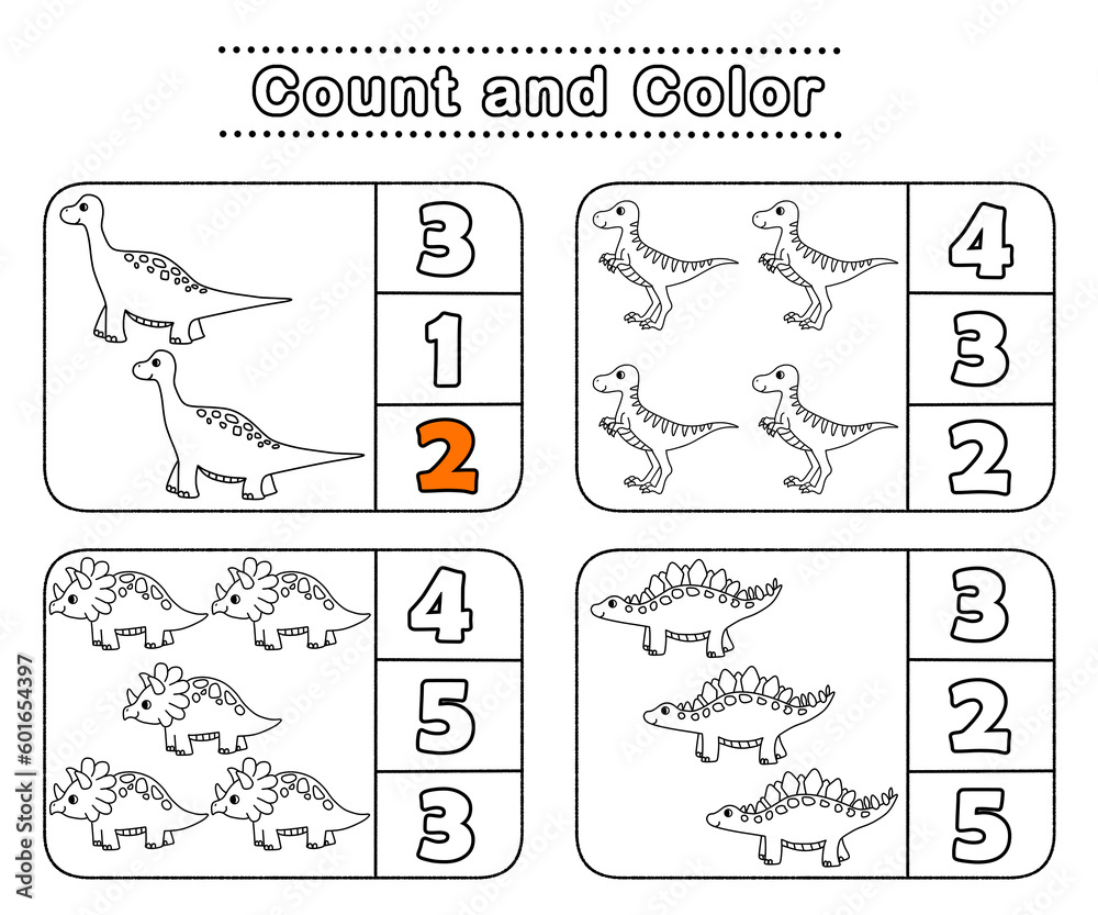 Count and color educational children activity with cute dinosaurs ...