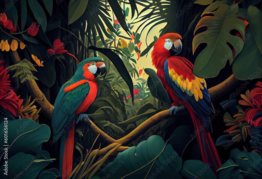 Exotic Jungle Scene with Colorful Macaws: A Vibrant and Otherworldly ...