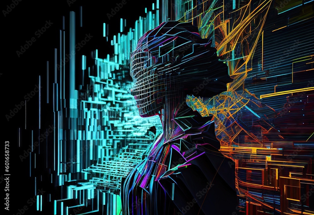 Blue humanoid robot floods the digital network with lines of ...