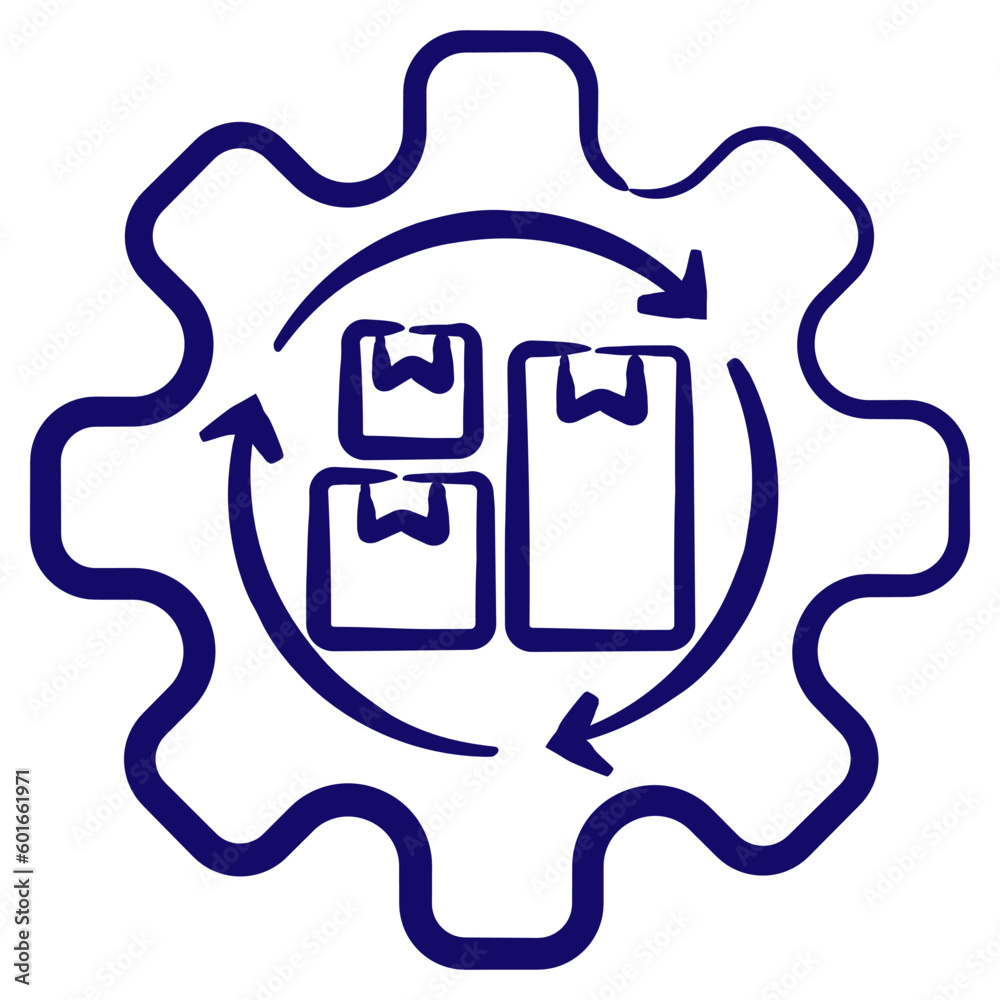 Carton boxes inside gearwheel with three cyclic arrows. Simple contour ...