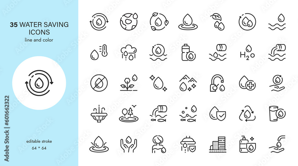 Modern Thin Line Style Water Icons Set: Editable Black Outline Drop ...