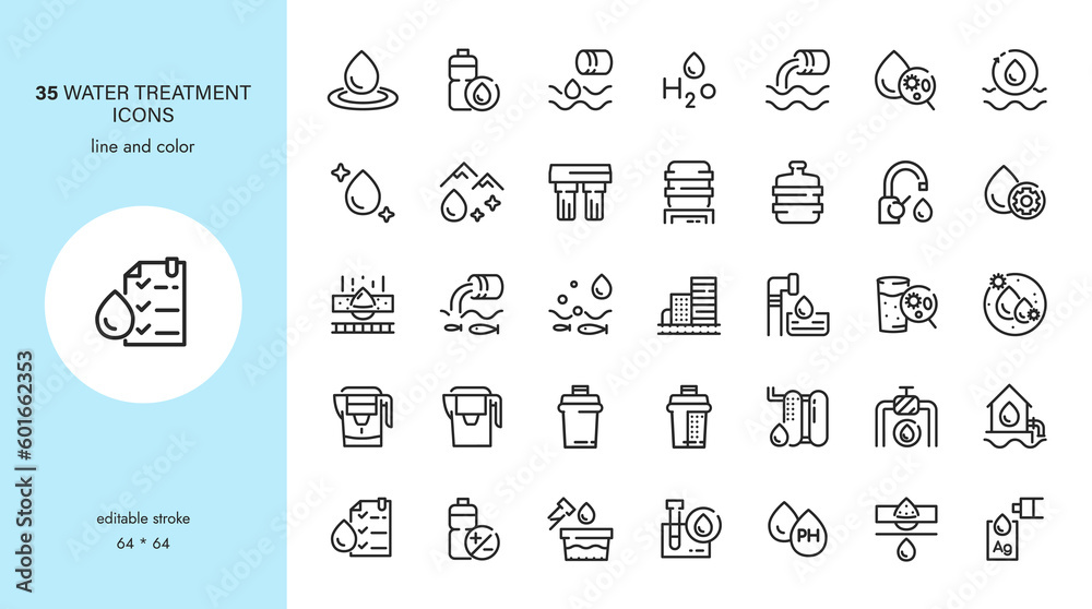 Water Quality Signs and Water Treatment Vector Icons Set. From Water ...