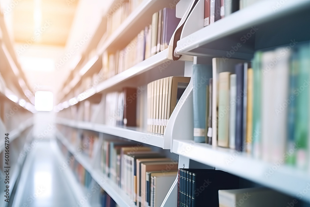 Blur image of picture library white background. bookshelves in the ...