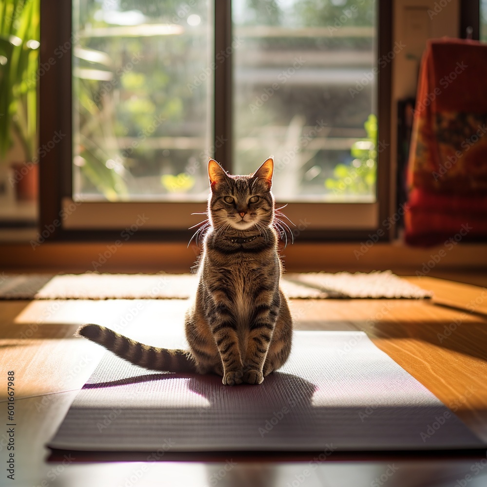 An adorable high-contrast image of a cat sitting comfortably on a yoga ...