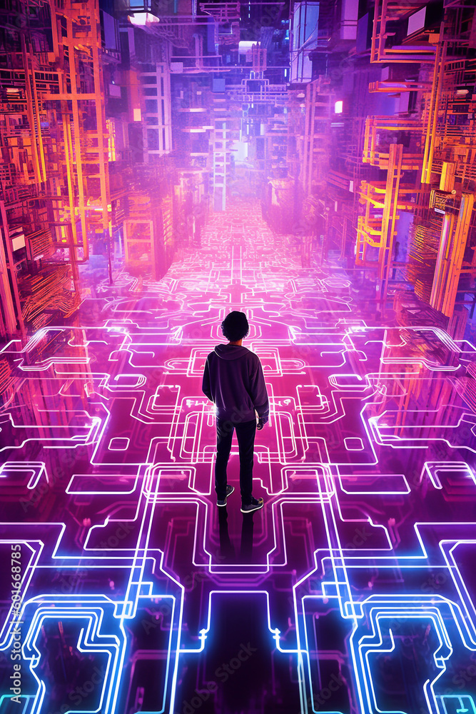 A programmer stands in the center of a virtual maze, surrounded by ...