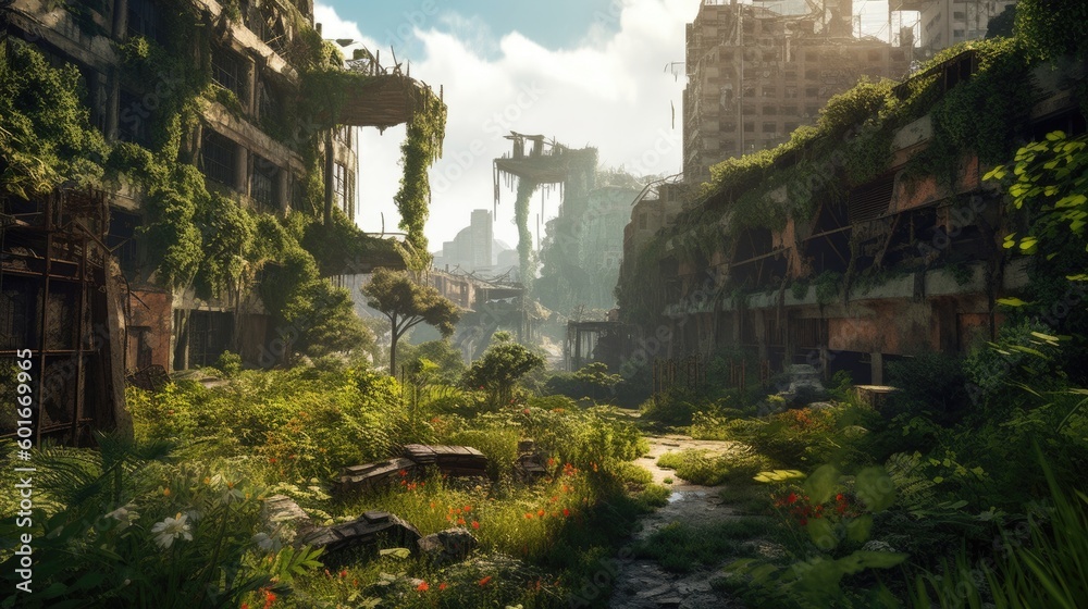 Post apocalyptic city in ruins after zombie pathogen wiped out last of humanity, nature ...
