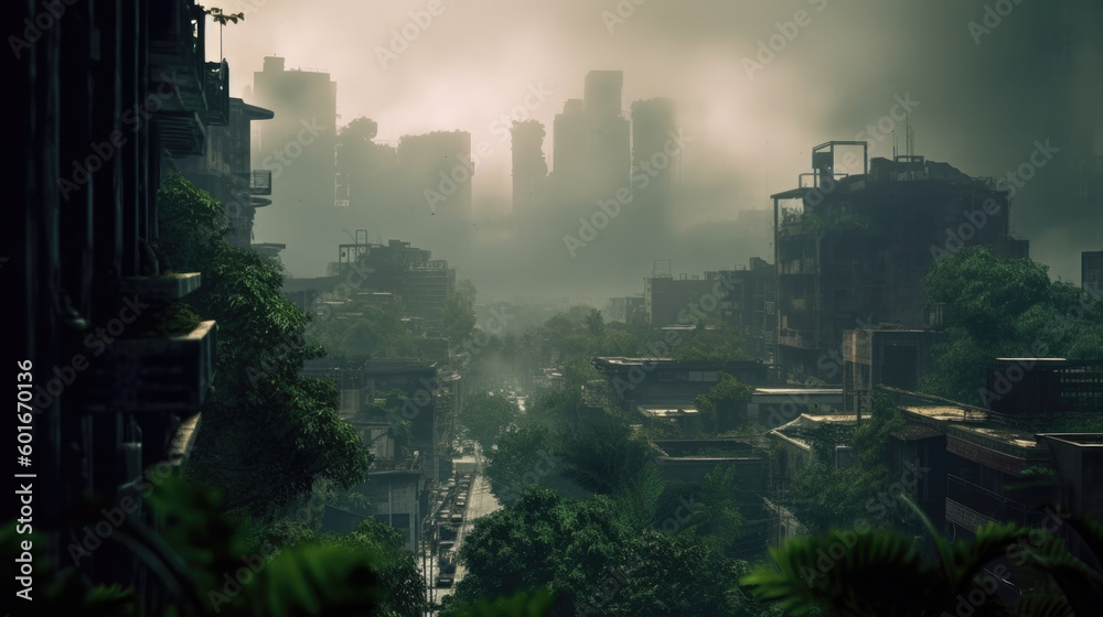 Post apocalyptic city in ruins after zombie pathogen wiped out last of ...