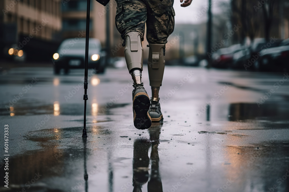 Back of soldier after leg amputation of two legs is rehabilitated and ...
