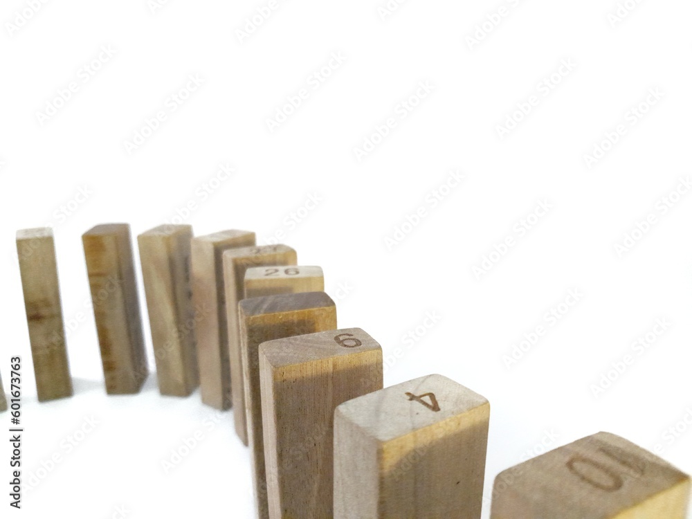 top closeup numbered wooden barr blocks beams lined up concept isolated ...
