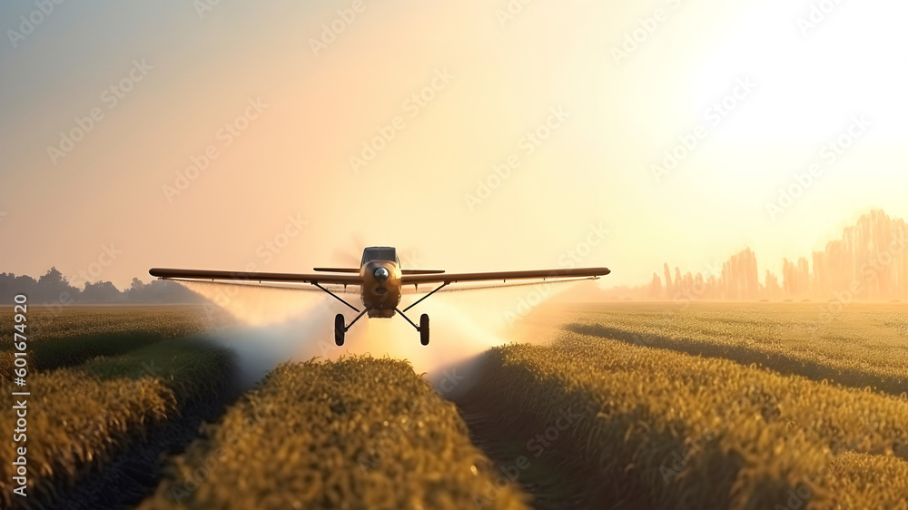 Agricultural airplane is flying over a wheat field and performing crop ...