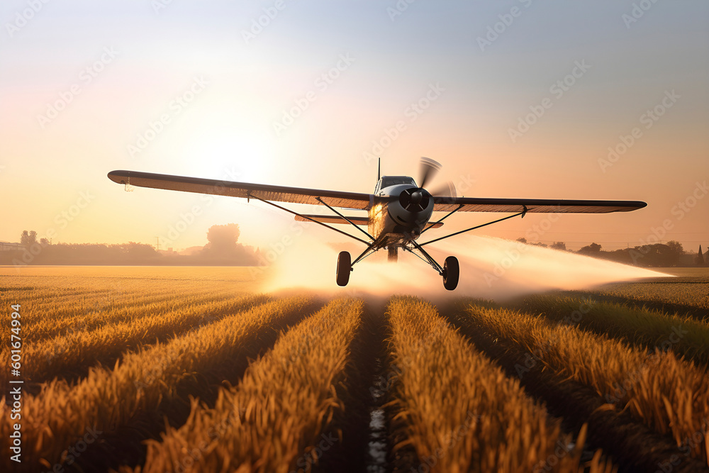 Agricultural airplane is flying over a wheat field and performing crop ...