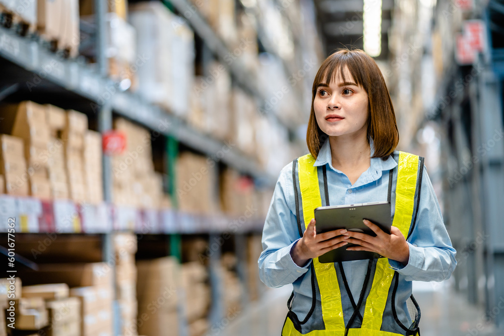 Women warehouse worker using digital tablets to check the stock ...