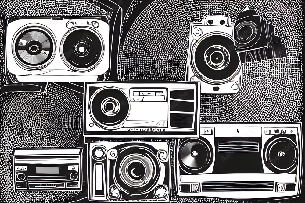 ai-generated, illustration of a collage of various sound equipment ...