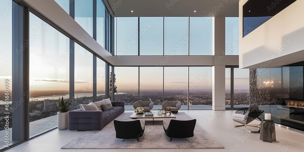 Zoom background: a modern penthouse living room with large windows ...
