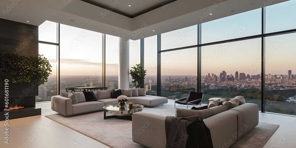 Zoom background: a modern penthouse living room with large windows, AI ...