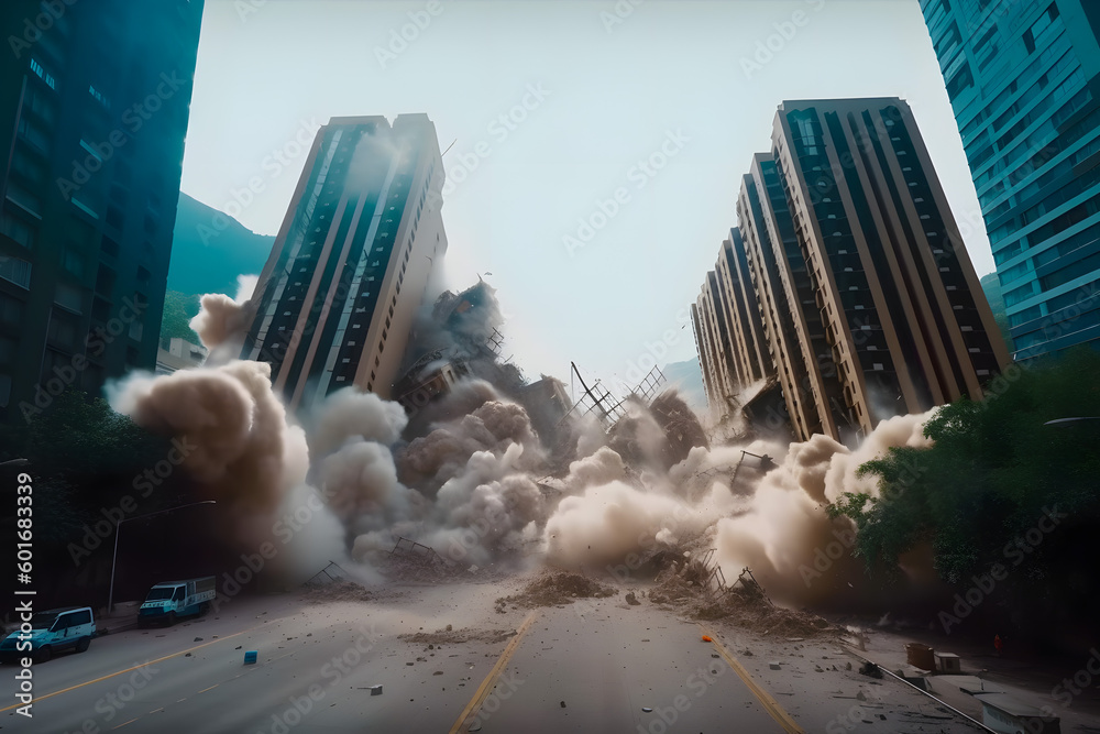 Old building demolition by controlled implosion using explosives ...