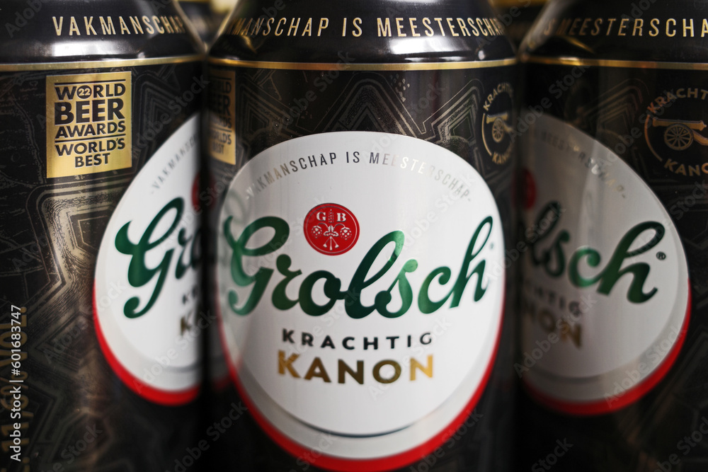 Itterbeck, Germany - May 11 2023 Beer cans from Grolsch, a Dutch brand ...