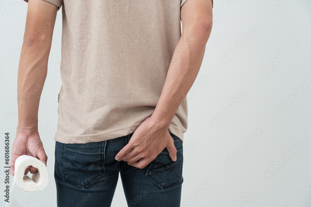 Male hand holding her bottom because having abdominal pain and ...