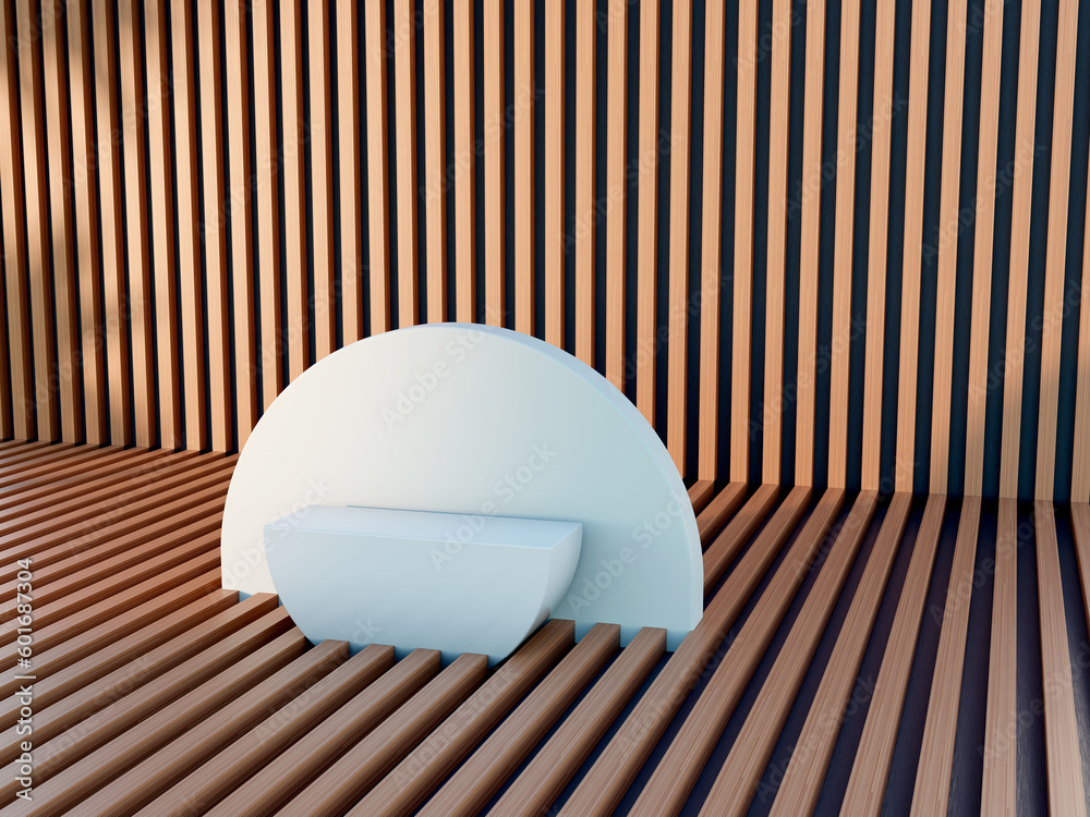 Beauty product ceramic half circle shaped stages, wedges. On wood ...