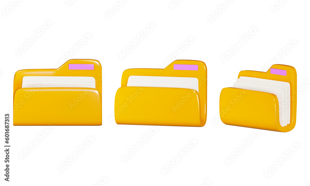 Rendering a set of files with documents. front and side view on white ...