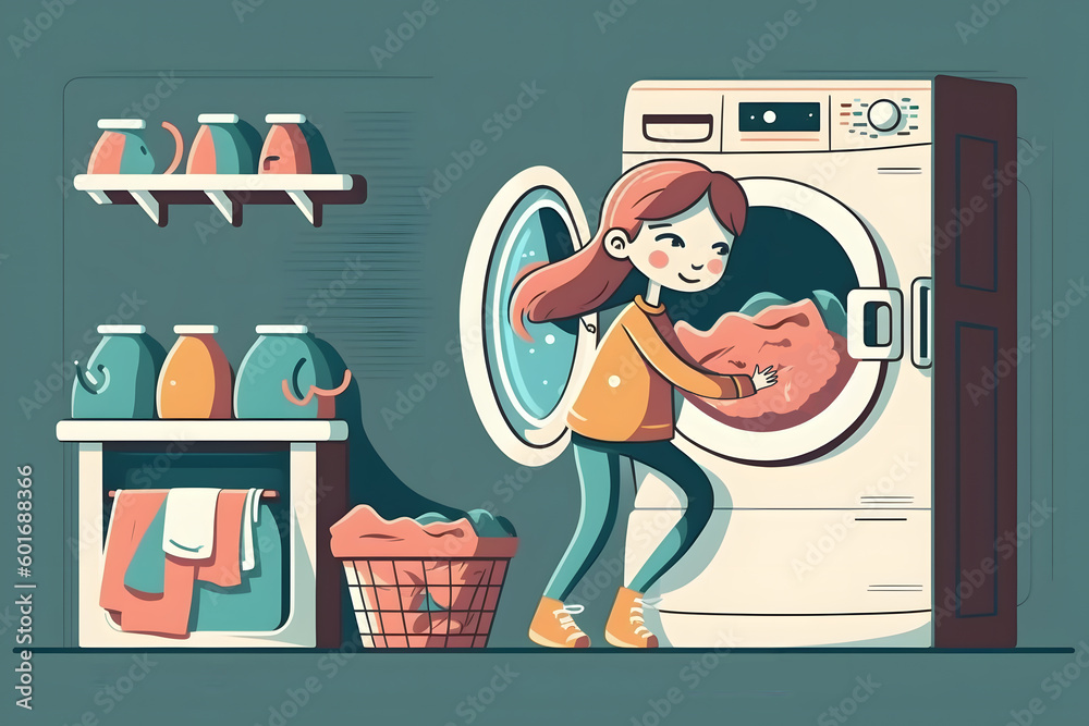The girl loads the laundry into the washing machine. An illustration ...
