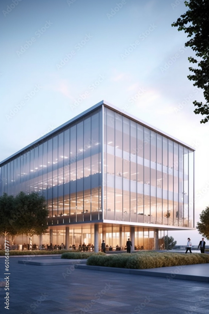 architectural rendering of a sleek and modern office building, with a ...