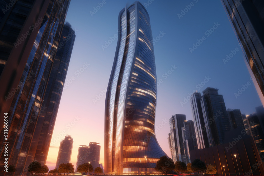 A towering skyscraper with a curved façade that creates a sense of ...