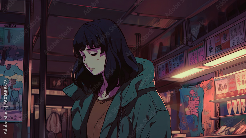 A sad anime girl gazes at the starlit night sky in a moody lo-fi ...