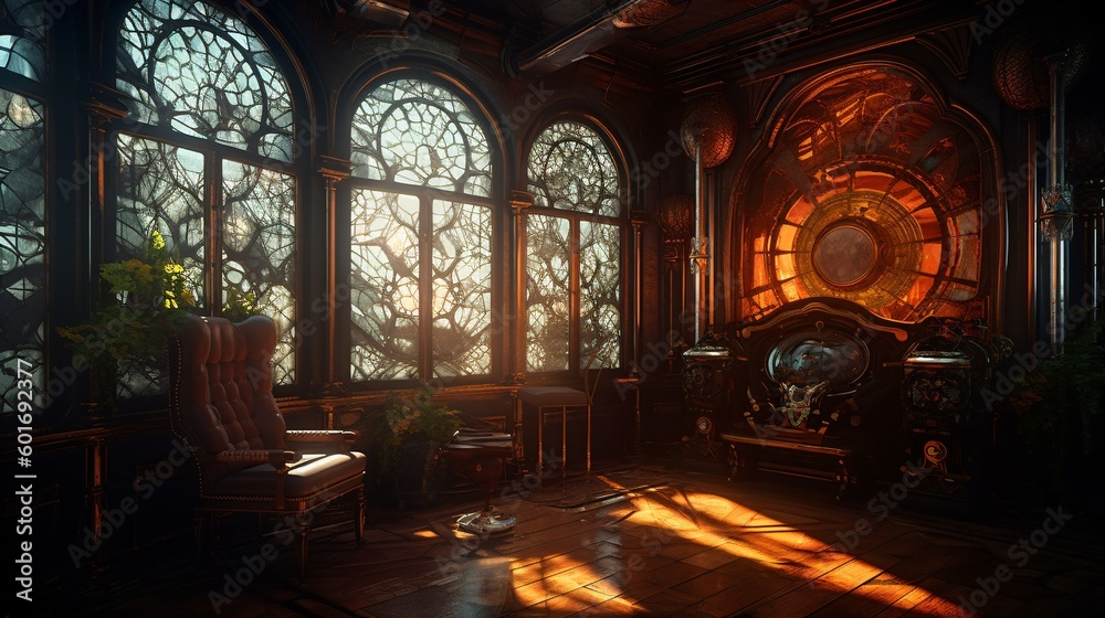 steampunk interior design, fantasy retro hall in a victorian house with ...