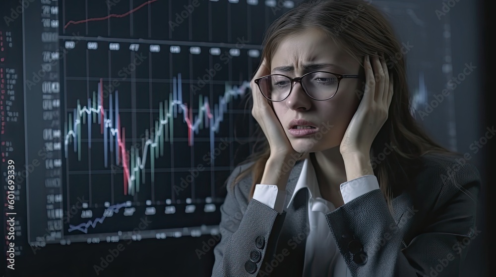 Crying frustrated female trader sits at workplace with trading charts on screen, loss of profit ...