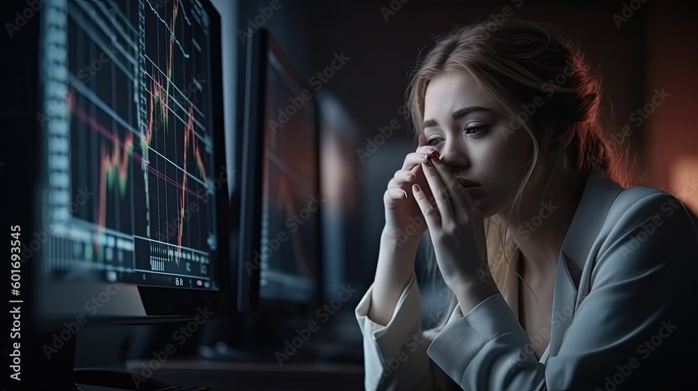 Crying frustrated female trader sits at workplace with trading charts ...
