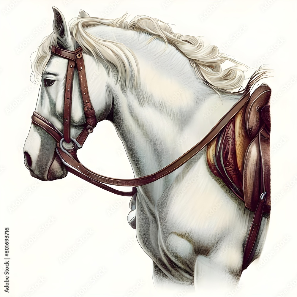 white horse with saddle side view portrait pencil drawing Generative AI ...