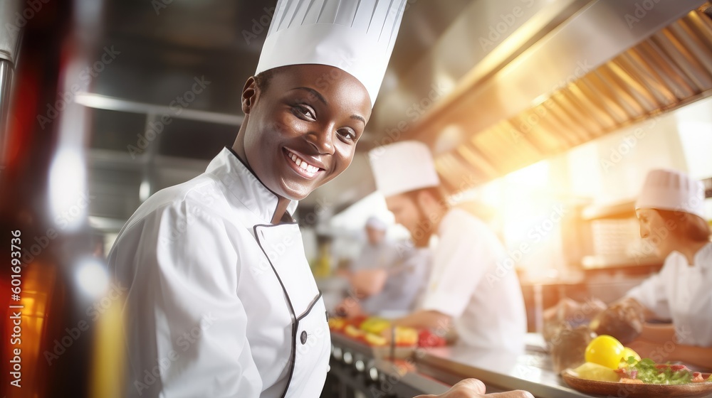 Smiling black woman chef cook in restaurant kitchen cook new dishes for ...