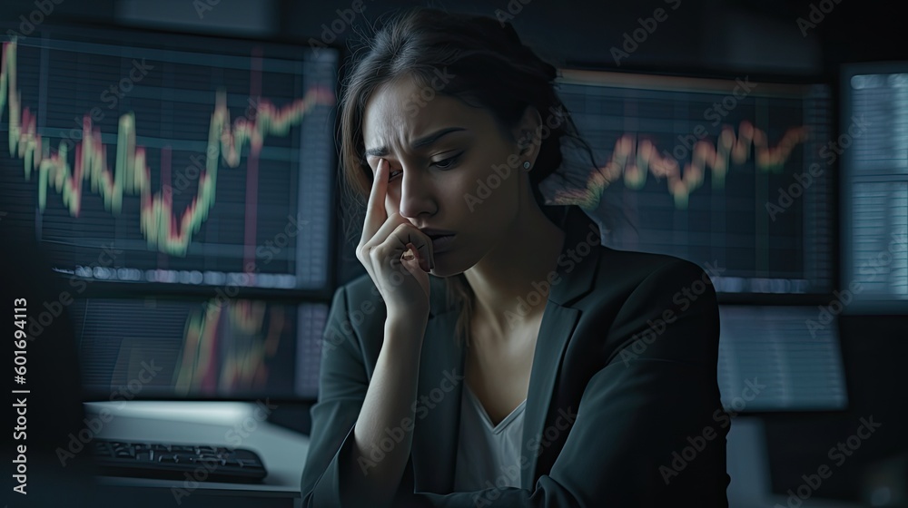 Crying frustrated female trader sits at workplace with trading charts ...
